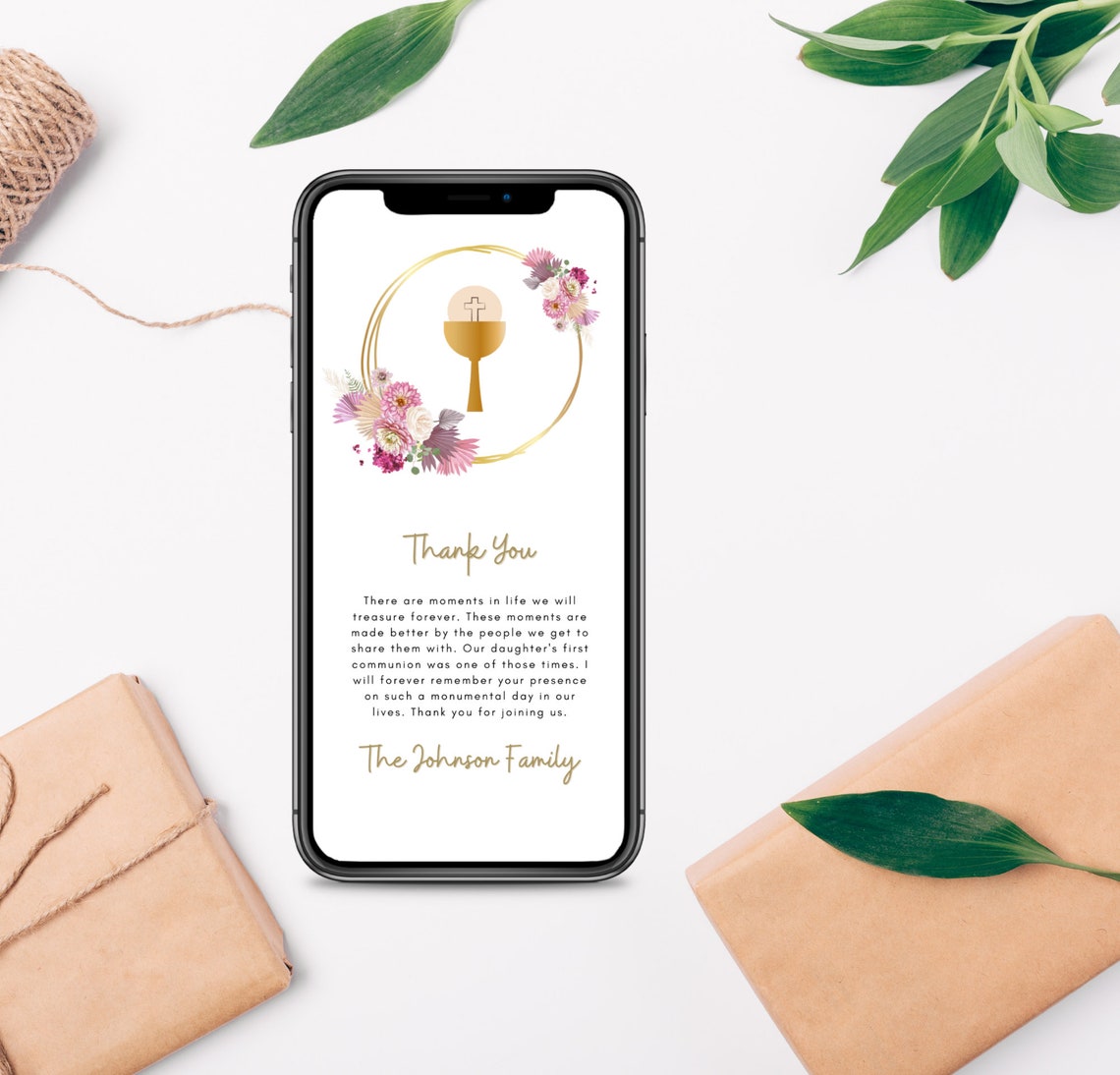 Digital First Communion Invitation Template: Gold Floral, Girl (canva ...