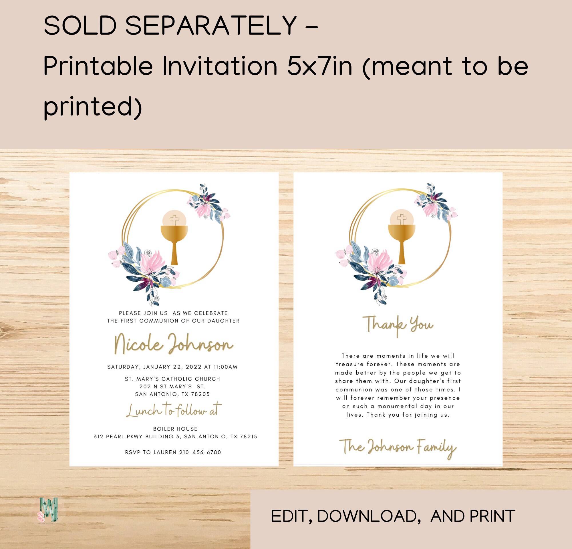 First Communion Menu Template: Gold Spring Floral, Editable (digital ...