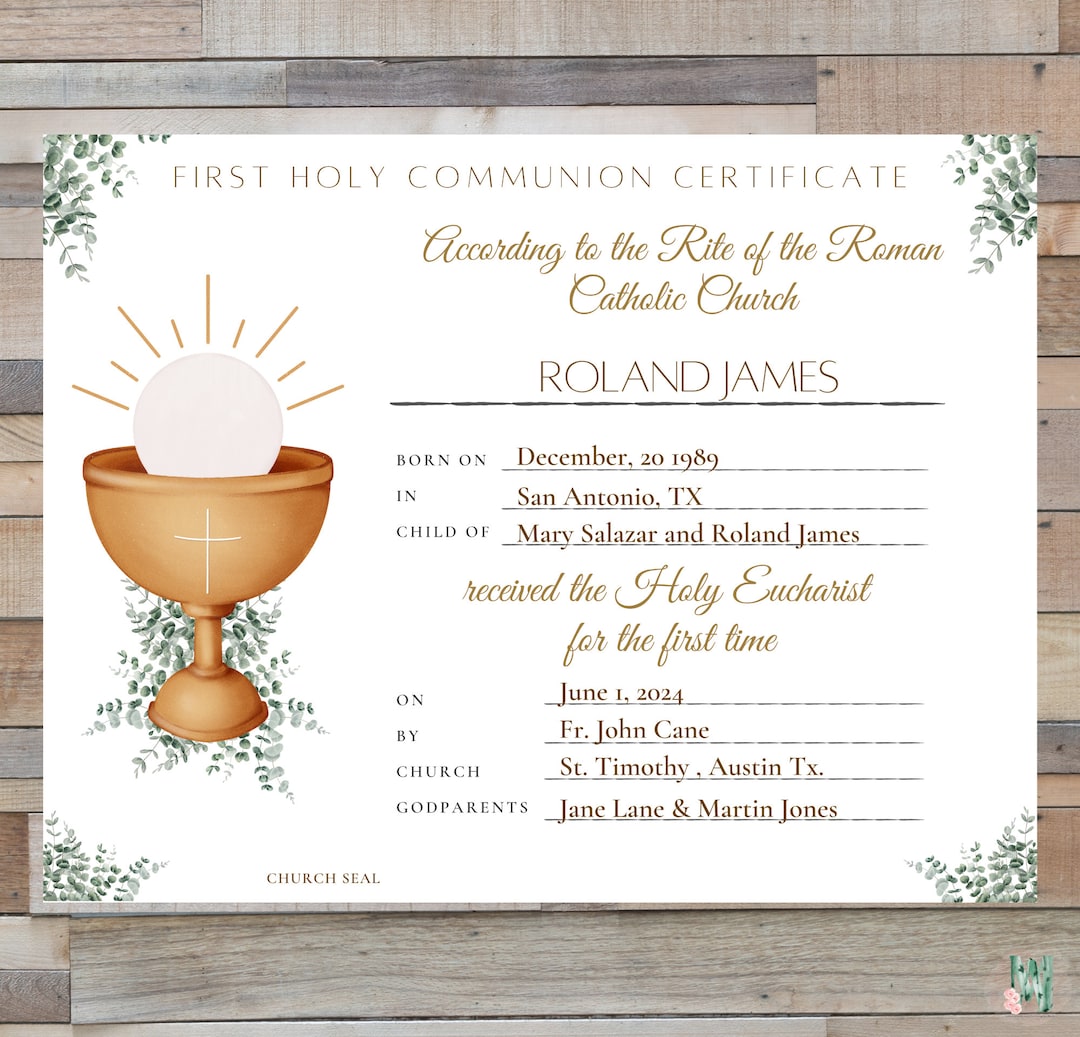 First Holy Communion Certificate: Catholic Church Keepsake (digital ...