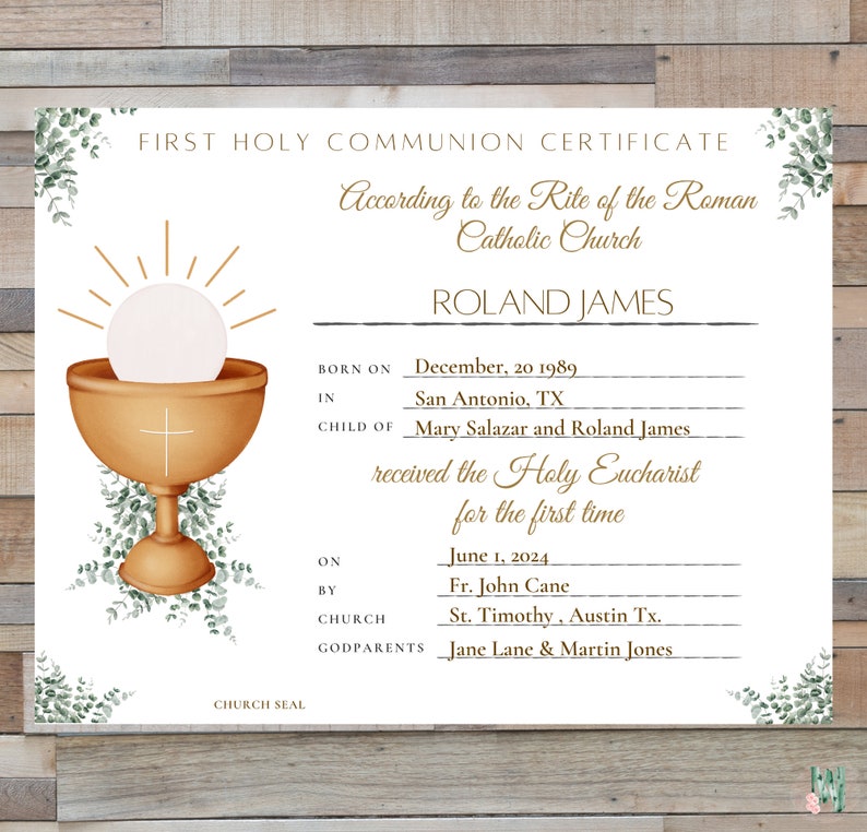 First Holy Communion Certificate: Catholic Church Keepsake (digital ...