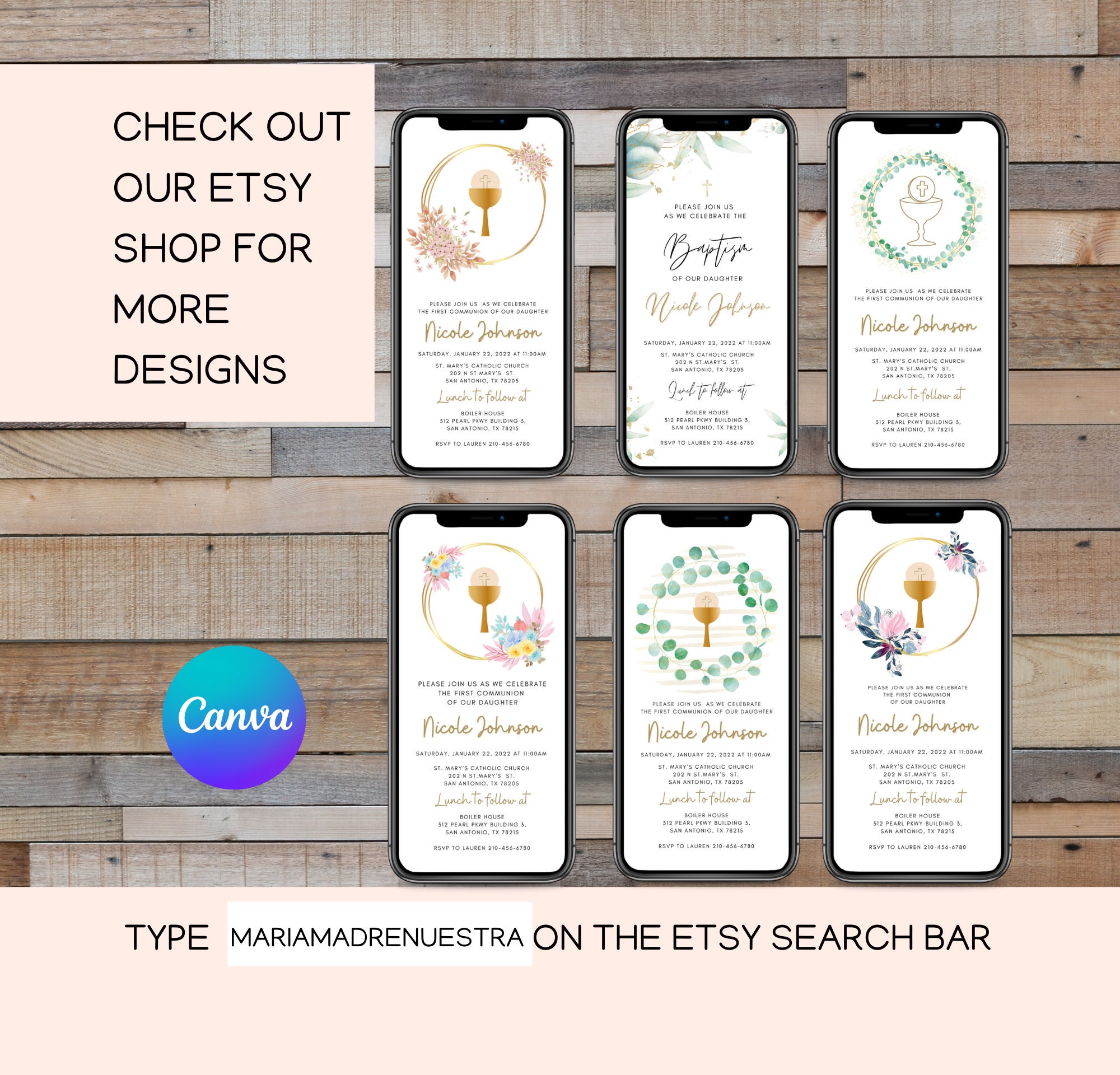 Digital First Communion Invitation Template: Gold Floral, Girl (canva ...