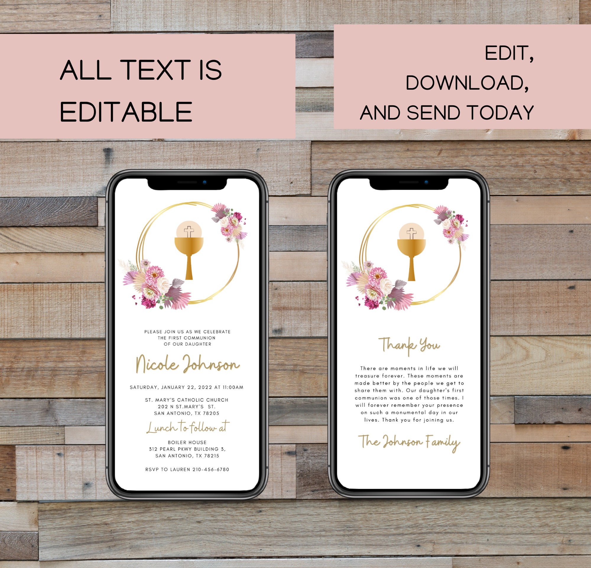 Digital First Communion Invitation Template: Gold Floral, Girl (canva ...