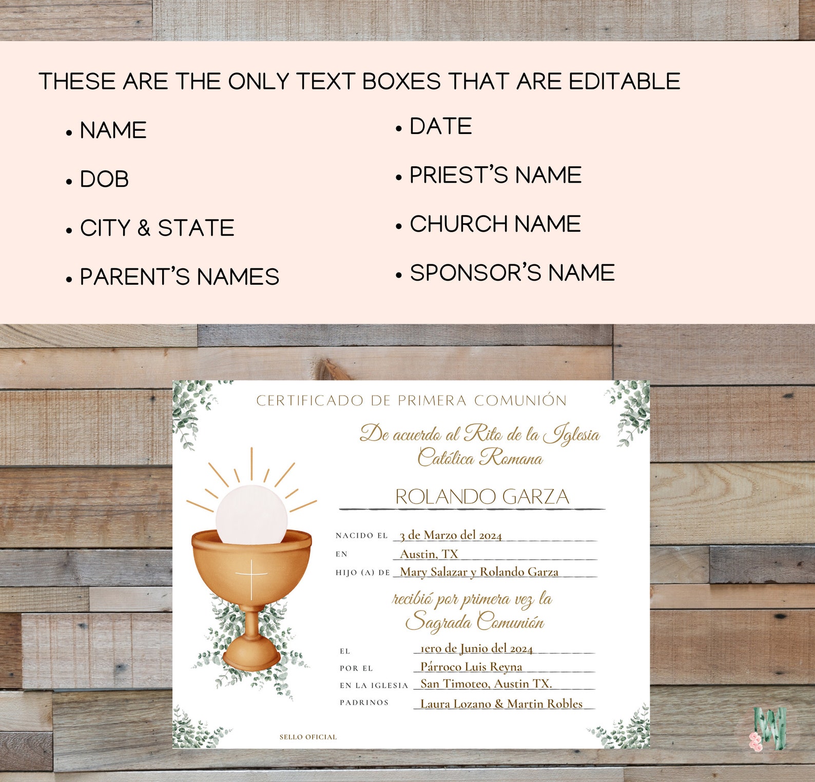 First Holy Communion Certificate: Catholic Church Keepsake (digital ...