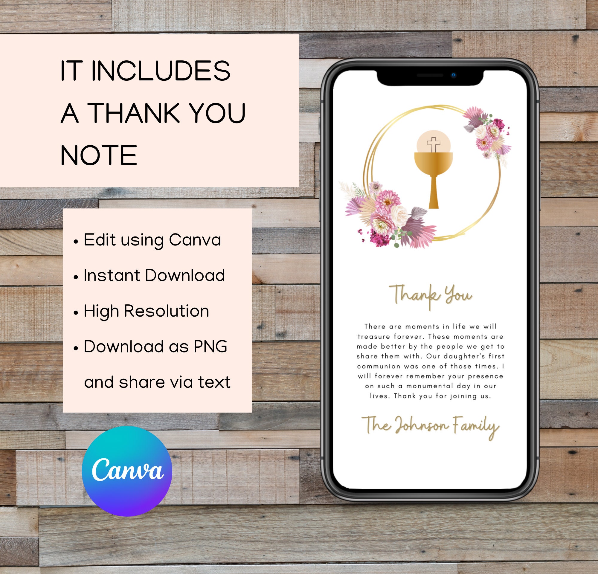 Digital First Communion Invitation Template: Gold Floral, Girl (canva ...