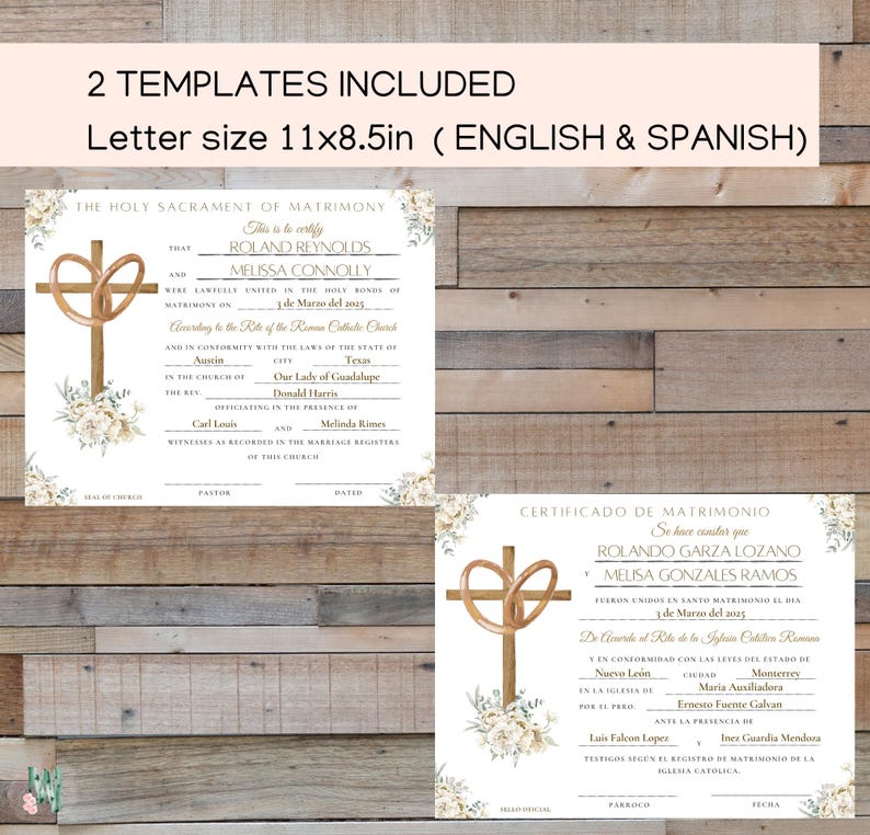 Catholic Marriage Certificate Template: English & Spanish (digital ...