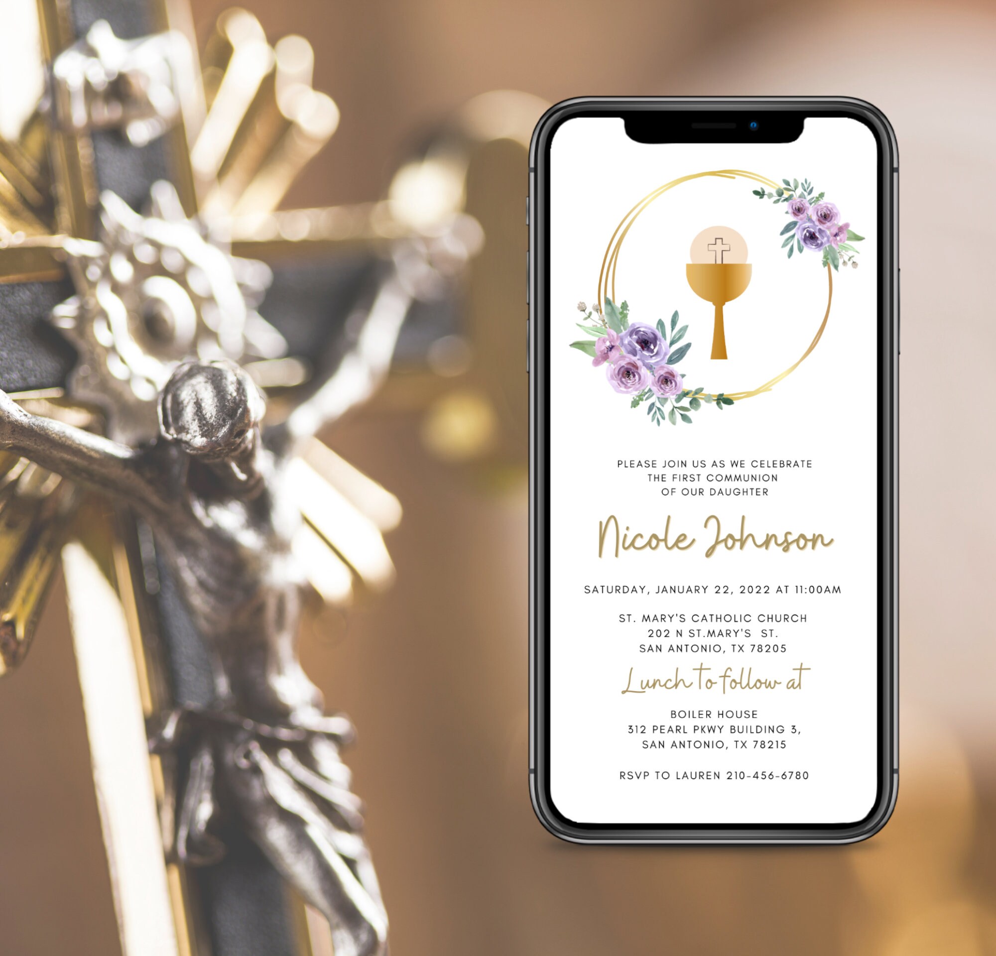 Digital First Communion Invitation Template: Gold Floral, Girl (canva ...