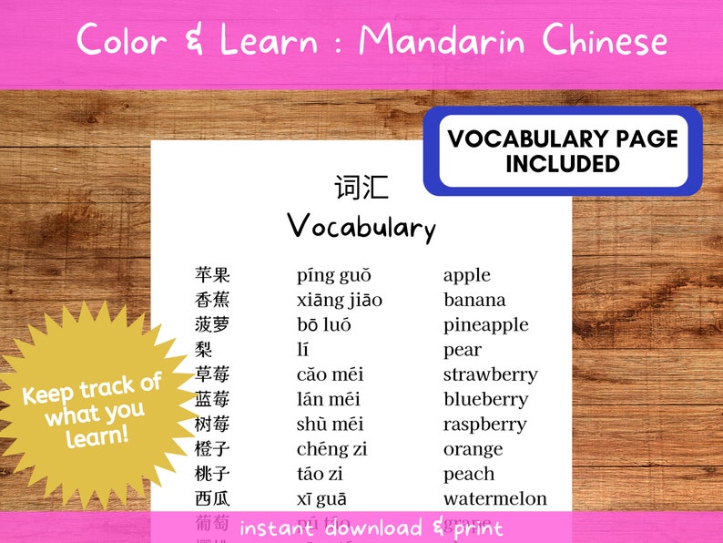 Chinese Learning Coloring Page for Kids | Mandarin Fruit Names ...