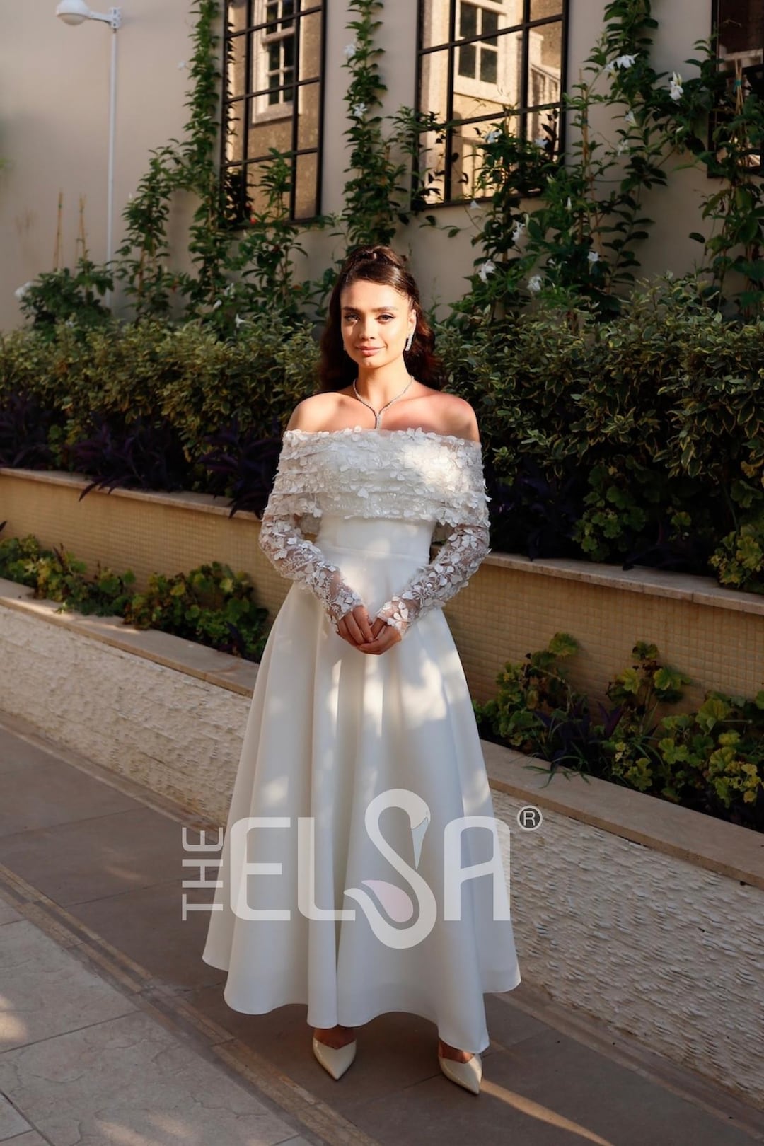 Custom Made Lace Midi Bridal Dress: Off-shoulder Wedding Gown - Etsy