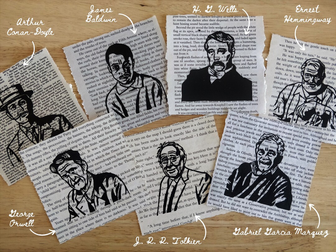 Lino Print Classic Author Portraits on Book Pages Tolkien, Conan Doyle ...