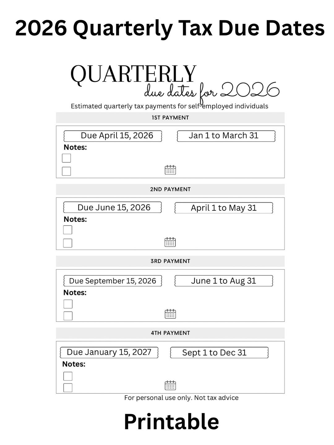 Quarterly Tax Due Dates Cheat Sheet | Small Business Tax Timeline ...