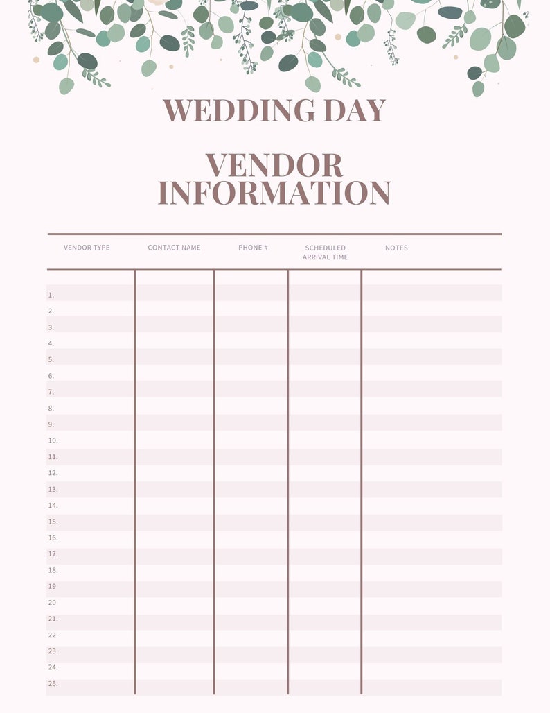 Wedding Vendor Contact Sheet FILLABLE INSTANT DOWNLOAD Etsy Wedding Vendor Contact Sheet FILLABLE INSTANT DOWNLOAD Etsy