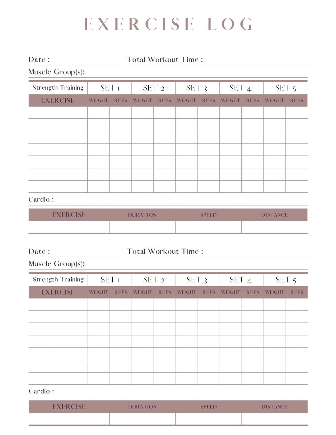 Fitness and Exercise Log - Daily Tracker - FILLABLE - INSTANT DOWNLOAD ...