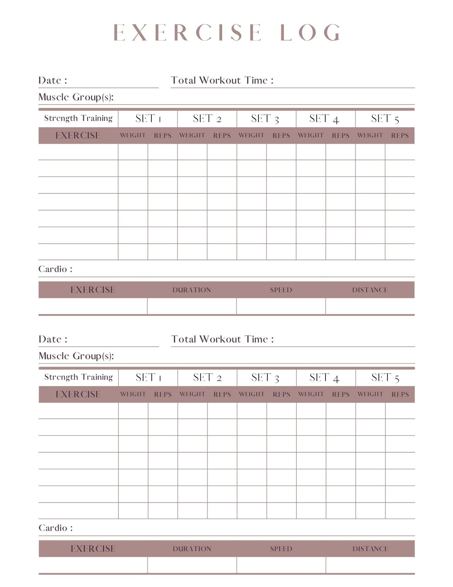 Fitness and Exercise Log - Daily Tracker - FILLABLE - INSTANT DOWNLOAD ...