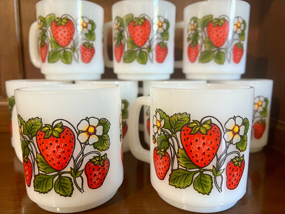 Vintage Glasbake Strawberry Design Milk Glass Coffee Tea Mugs, Set of 9 ...