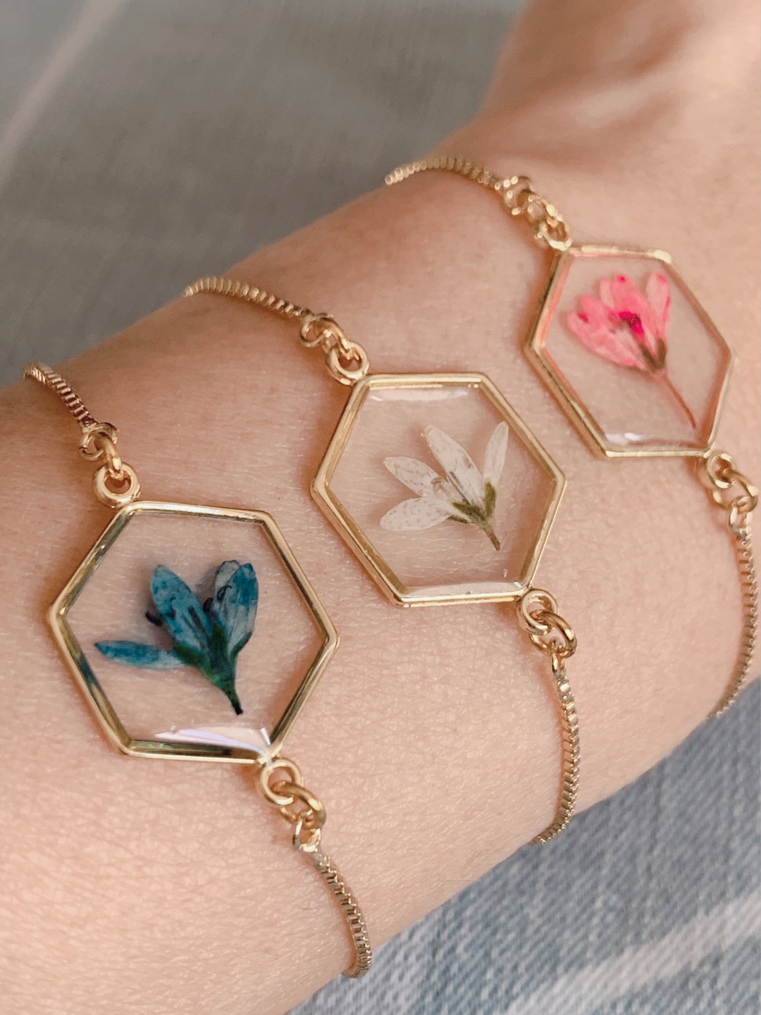 Pressed Real Dried Flower Bracelet: 14k Gold Plated Hexagon Resin Jewelry - Etsy