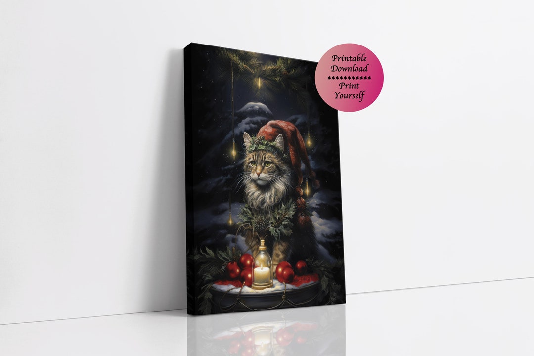 Cute Yule Cat Digital Download Printable Wall Art, Vintage Style ...