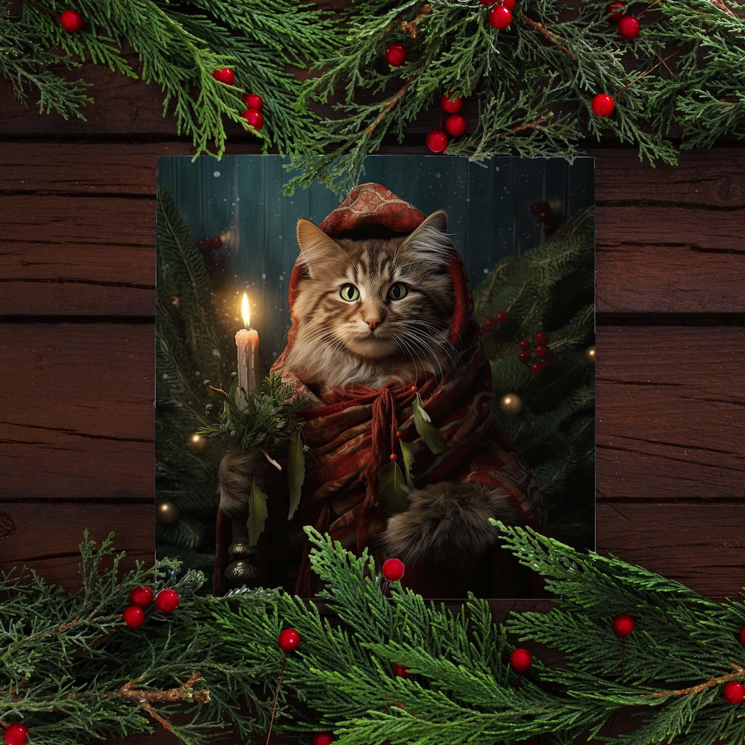 Red Cloaked Yule Cat Canvas Wall Art, Animal Canvas Art, Holiday Art ...
