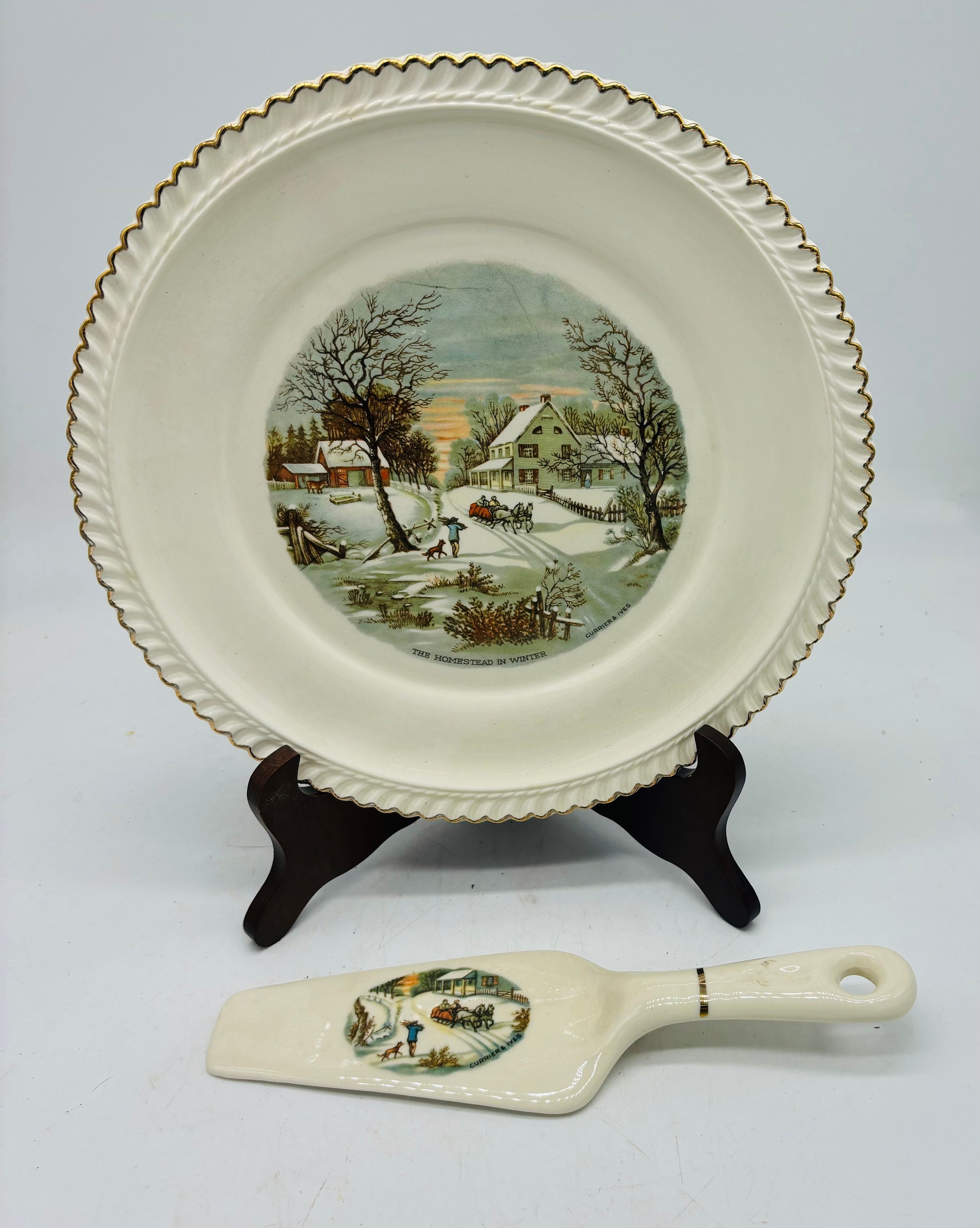 Lovely Harkerware 10” Cake Plate and Matching Server. Currier and Ives ...