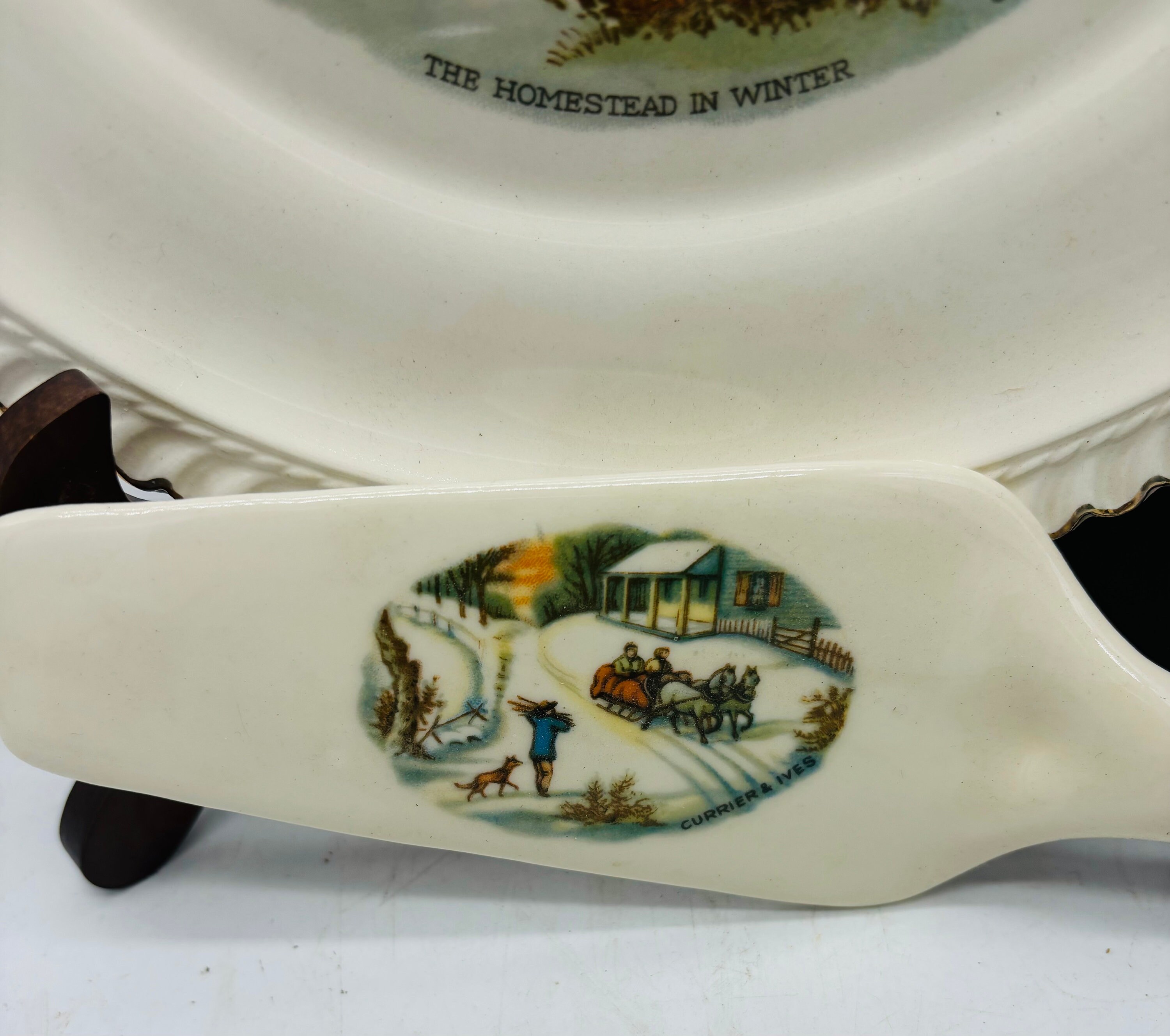 Lovely Harkerware 10” Cake Plate and Matching Server. Currier and Ives ...