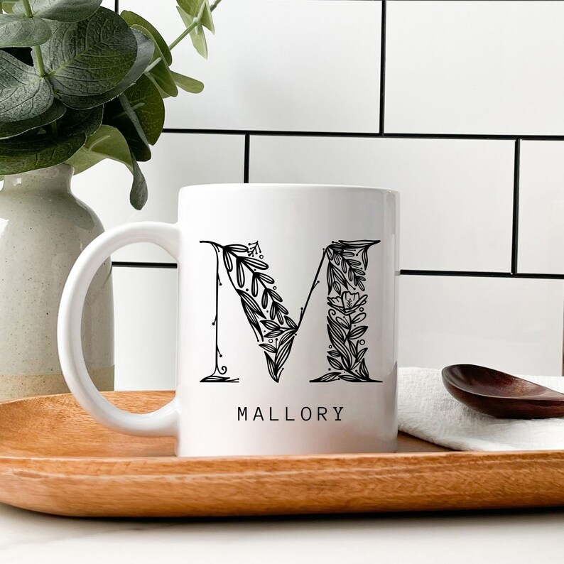 Personalized Floral Initial Mug, Minimalist Custom Name Mug, Monogram ...