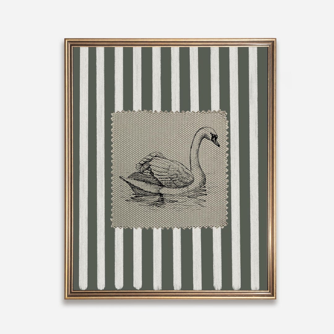 Swan Sage Green Wall Art Neutral Striped Fabric Vintage Wall Decor - Etsy