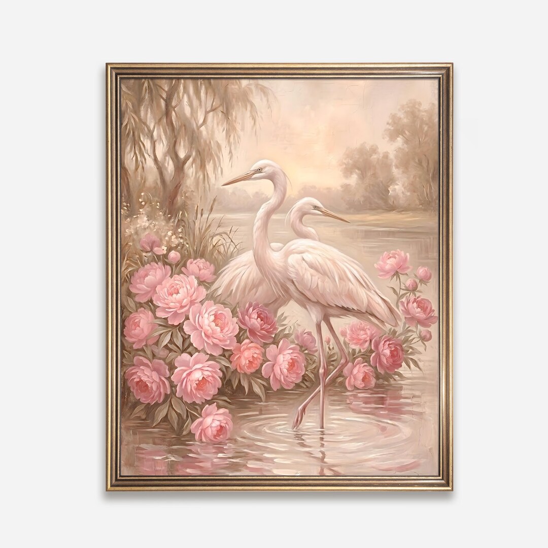 Vintage Egrets Art Print | Pink Peony Floral Wall Art | Nursery Decor ...