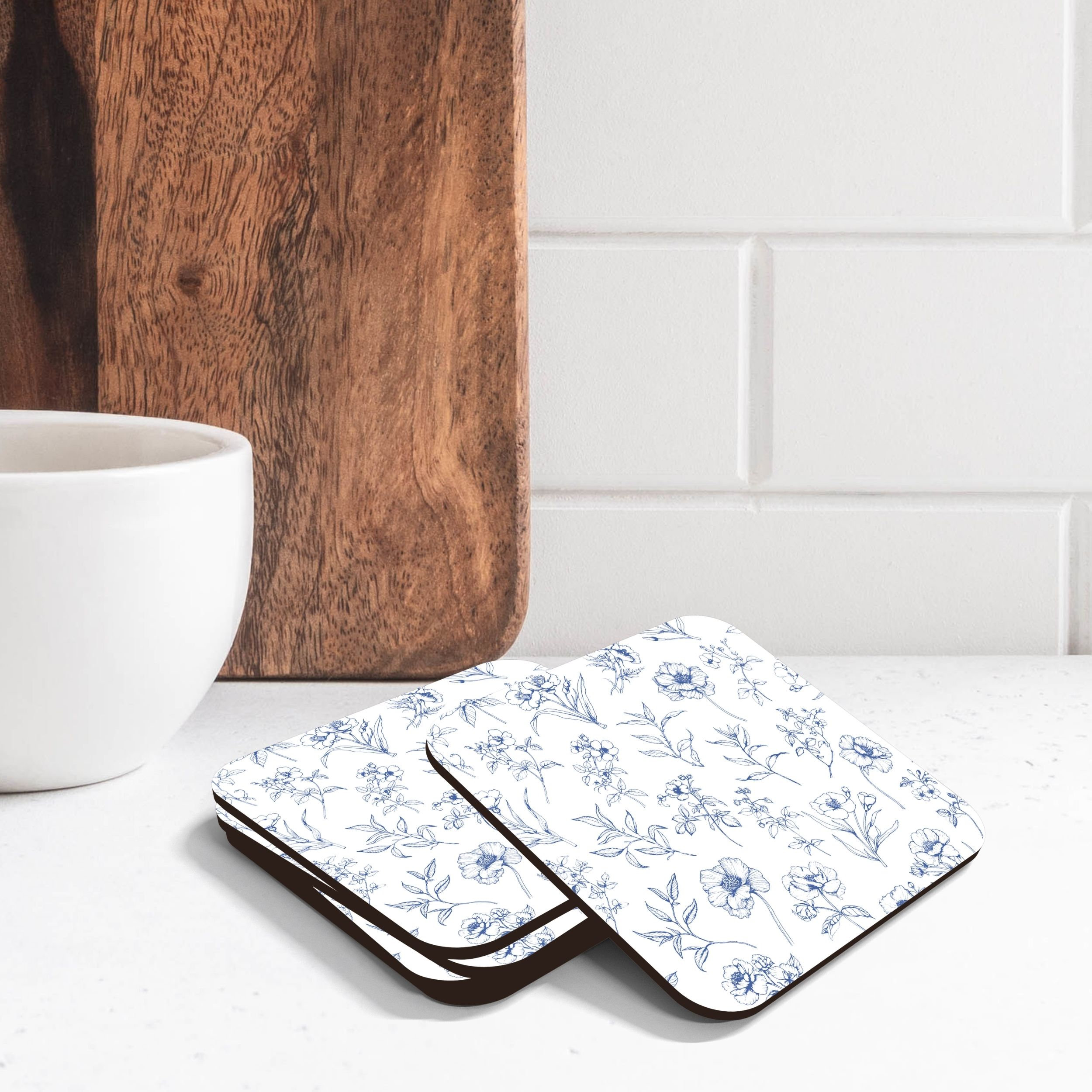 Chinoiserie Blue and White Coaster Set of 4 or 6, Blue Floral Kitchen ...