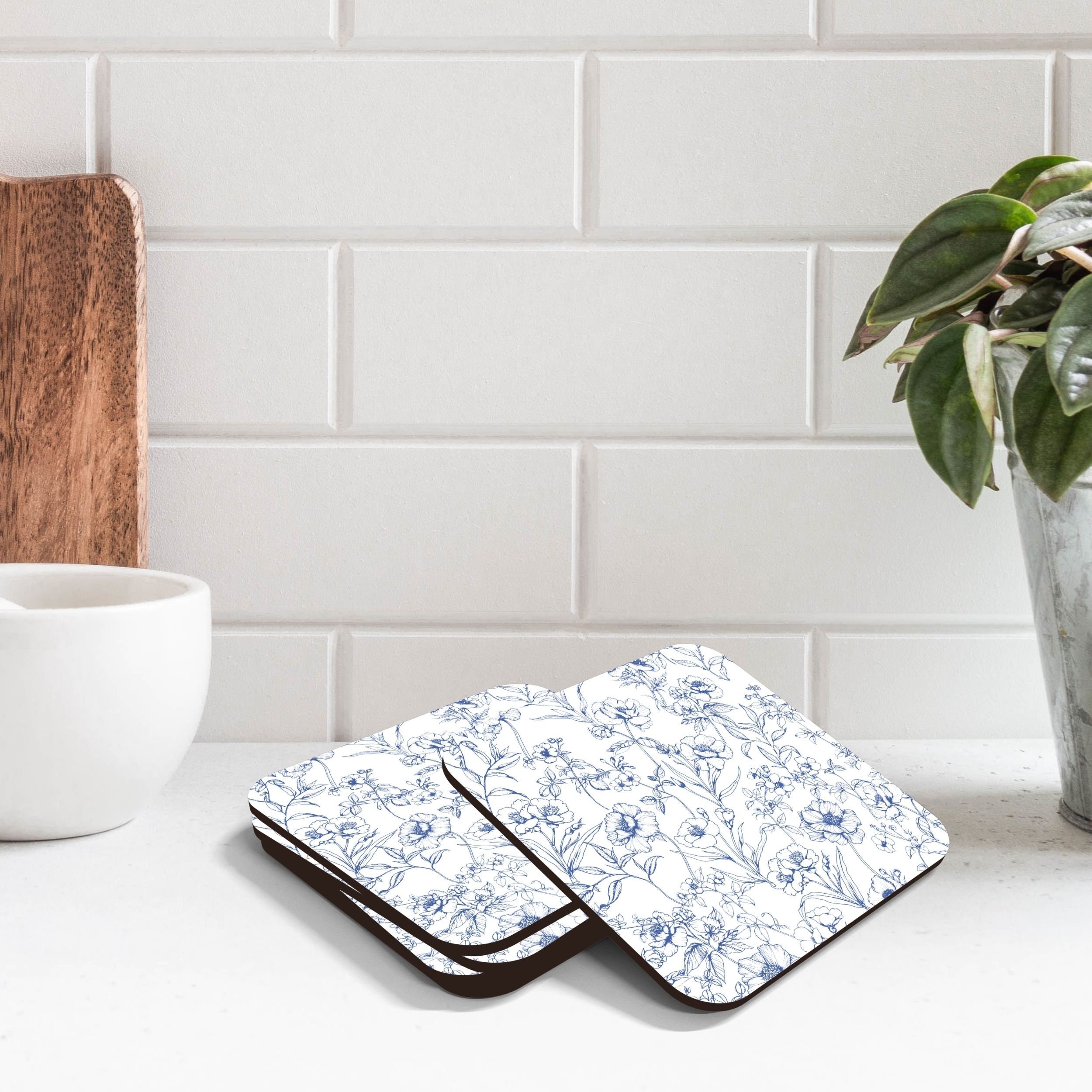 Chinoiserie Blue and White Coaster Set of 4 or 6, Blue Floral Kitchen ...