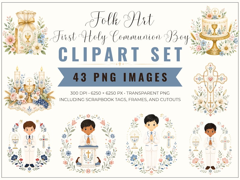 Folk Art First Holy Communion Boy Clipart Set, Catholic (digital ...