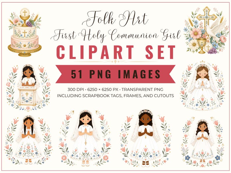 Folk Art First Holy Communion Girl Clipart Set, Catholic (digital ...