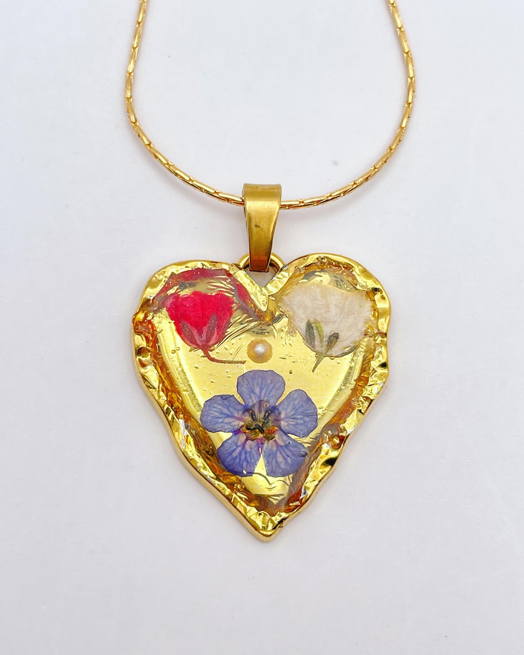 Real Blue Flowers Heart Pendant Necklace With Gold Leaf Background - Etsy