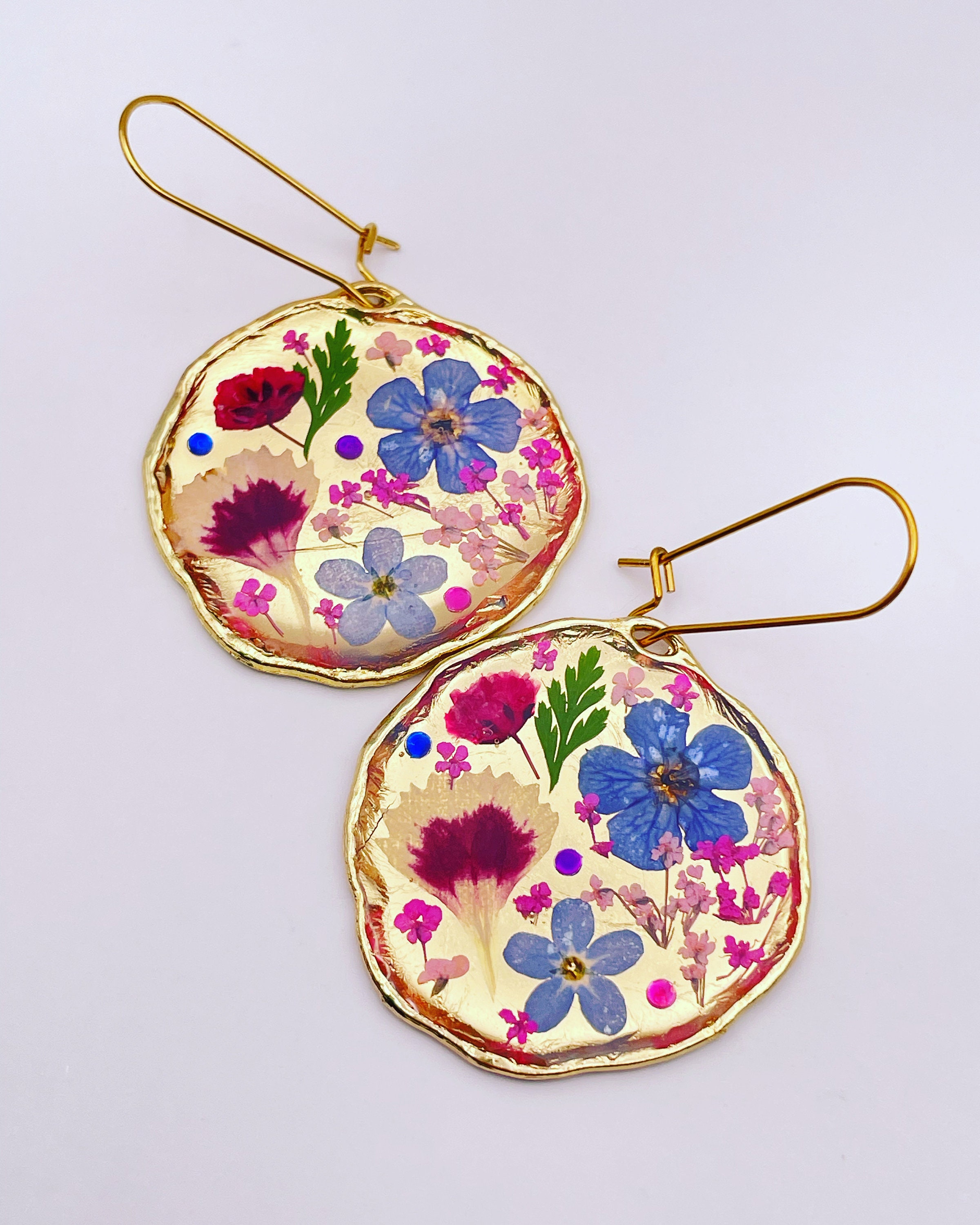 Hand-made Real Flowers Drop Earrings gold Leaf Background - Etsy