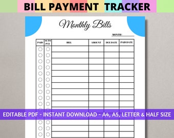 Printable Monthly Bill Tracker Bill Planner Editable - Etsy