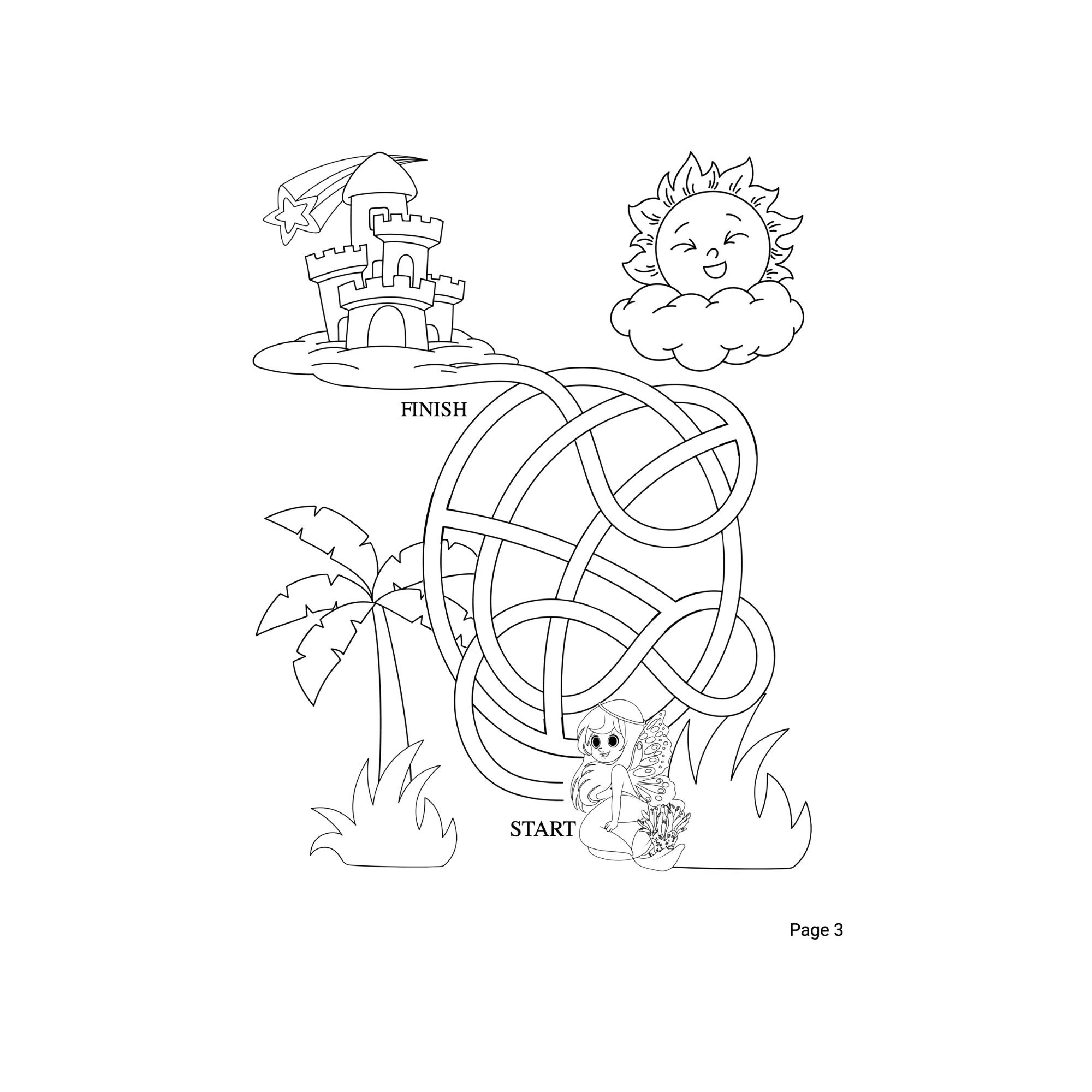 4 Fun Coloring Maze Pages With Solution Page - Beach, Mermaid, Space ...