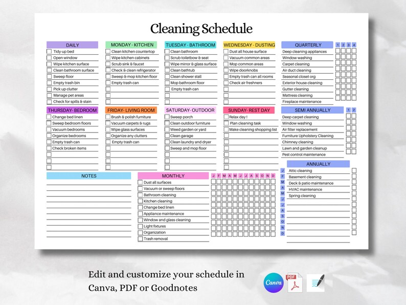 Editable Cleaning Schedule Template Editable on Canva - Etsy