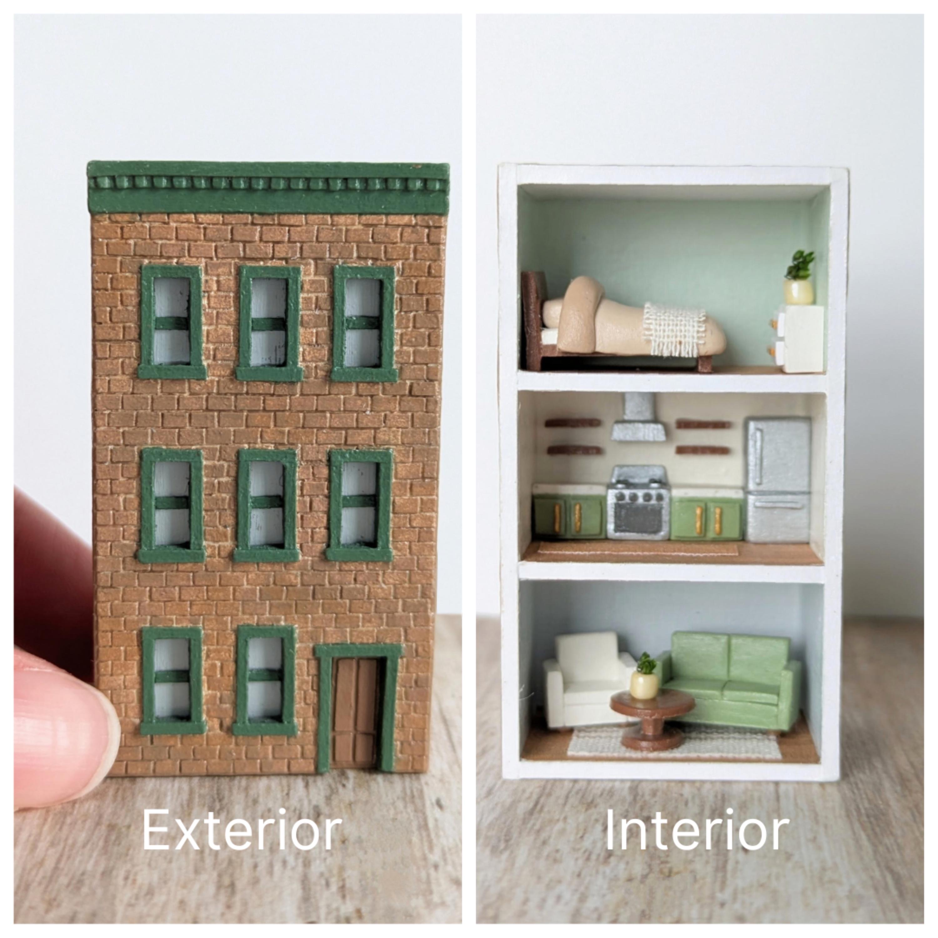 Micro-mini Brownstone Dollhouse Cute Green-themed Tiny House Gift for ...