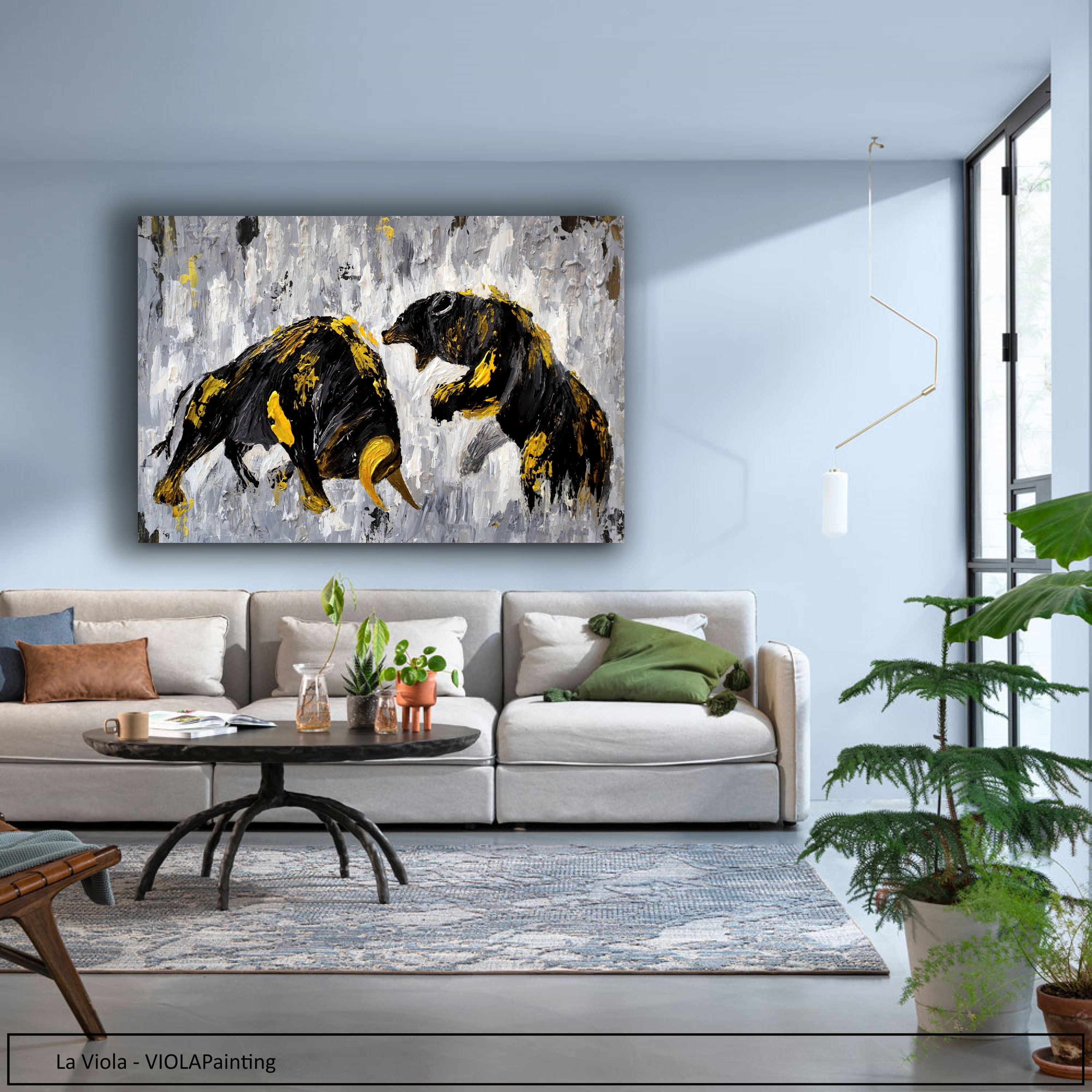 Bull Bear Wall Art Print, Bull Bear Painting Wall Street Poster, Bull ...