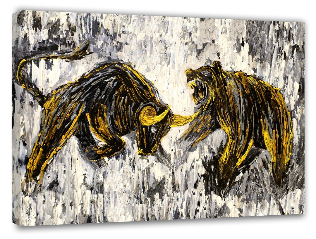 Bull Bear Wall Art Print, Bull Bear Painting Wall Street Poster, Bull ...