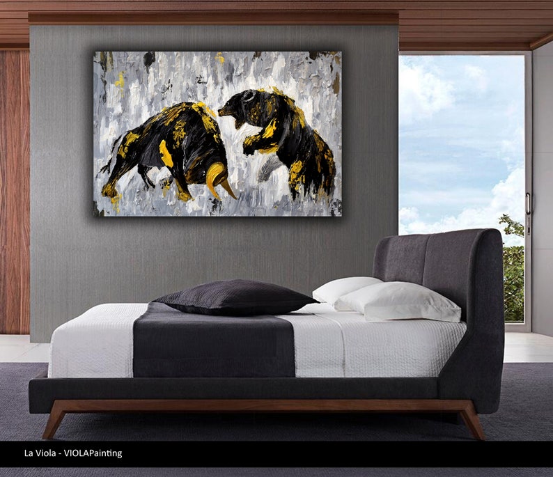 Bull Bear Wall Art Print, Bull Bear Painting Wall Street Poster, Bull ...