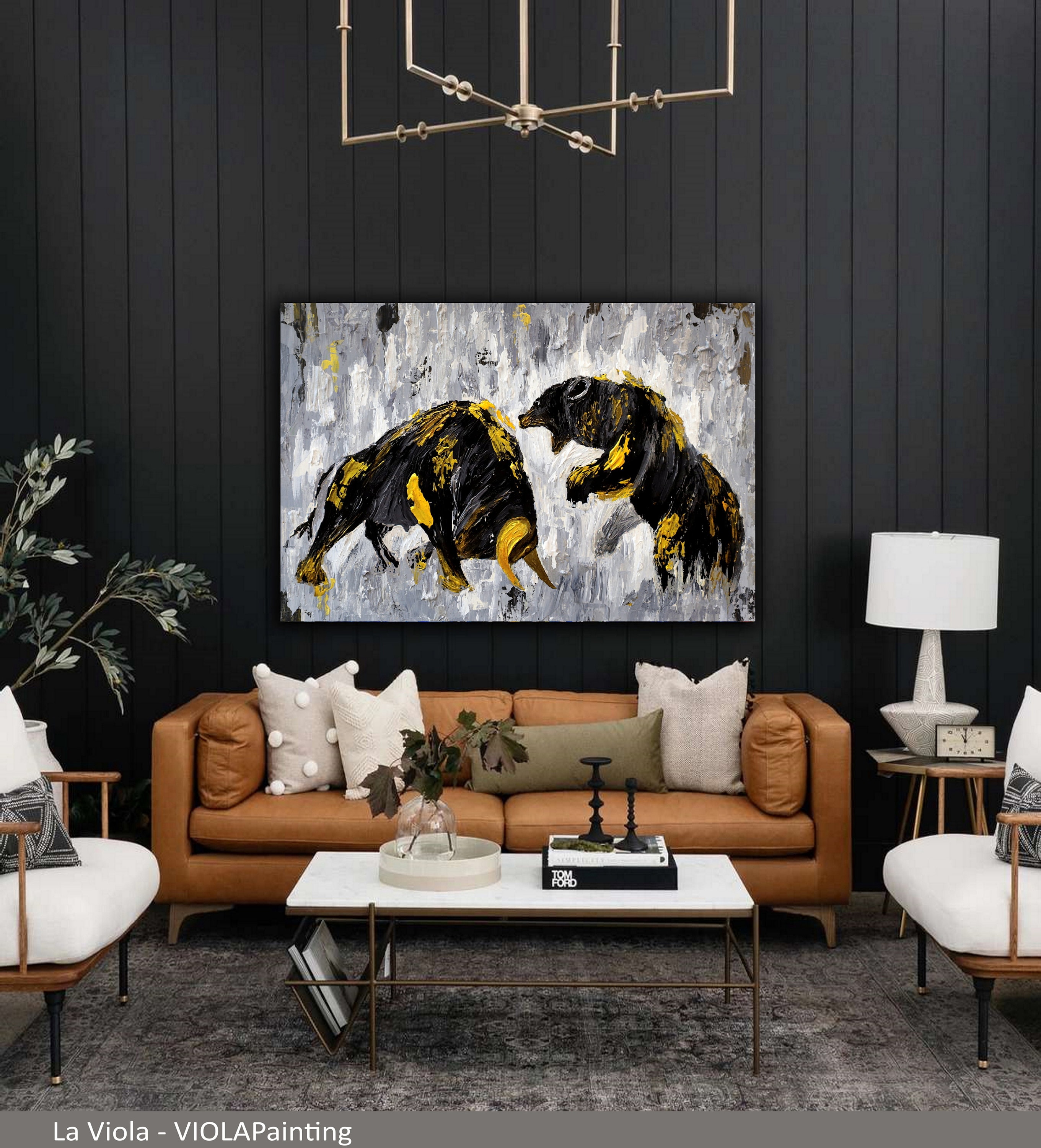 Bull Bear Wall Art Print, Bull Bear Painting Wall Street Poster, Bull ...