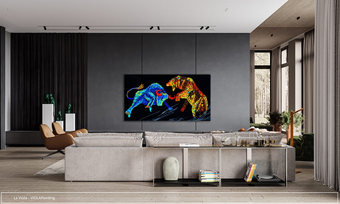 Bull Print Painting, Bull Bear Painting Wall Street Poster, Bull Bear ...