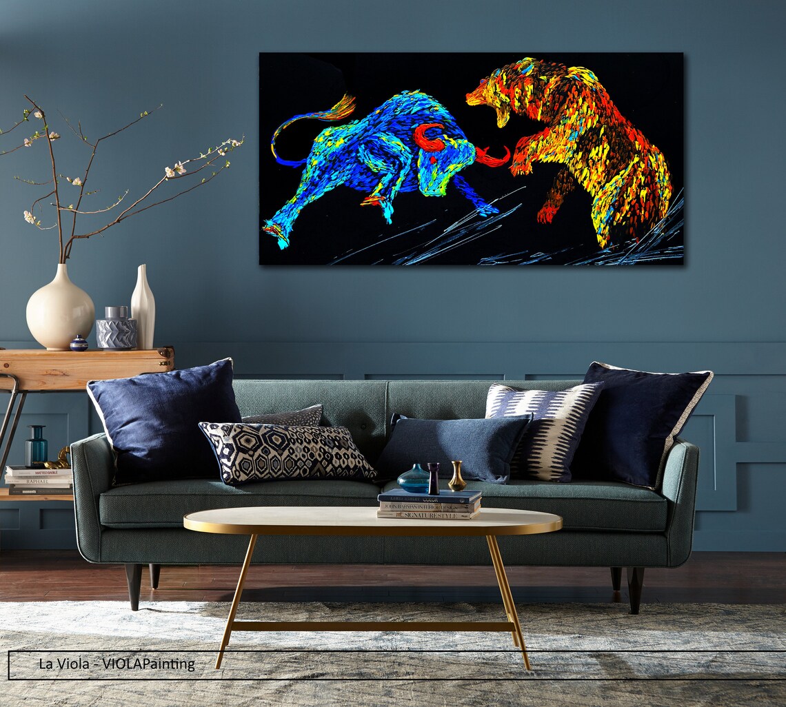 Bull Print Painting, Bull Bear Painting Wall Street Poster, Bull Bear ...