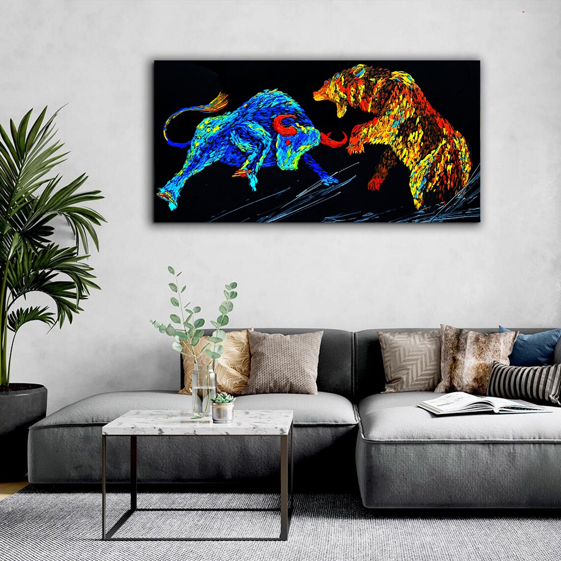 Bull Print Painting, Bull Bear Painting Wall Street Poster, Bull Bear ...