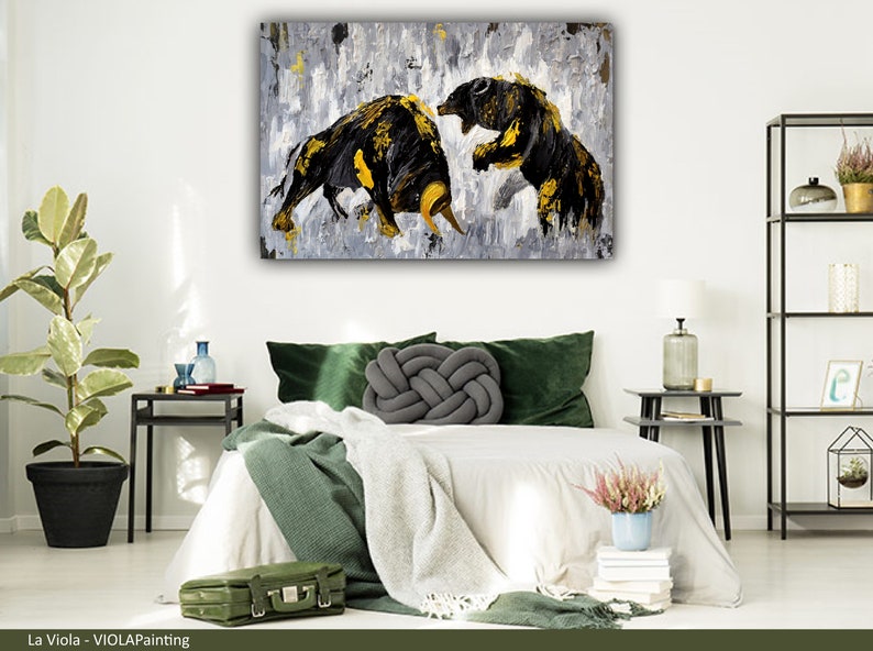 Bull Bear Wall Art Print, Bull Bear Painting Wall Street Poster, Bull ...