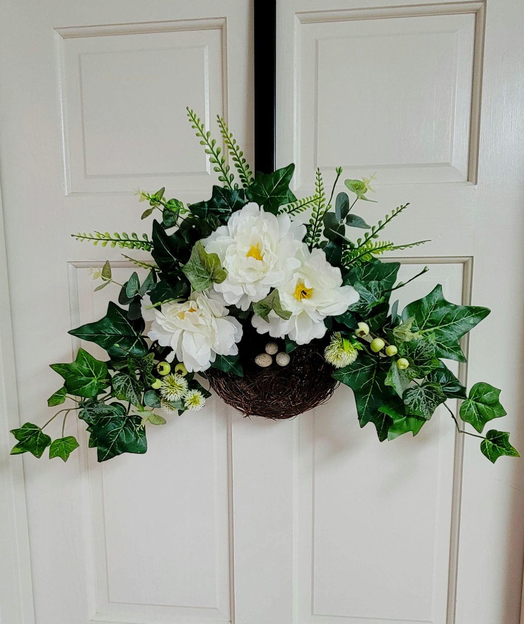 Bird Nest Swag, Ivy and White Peony Bird Nest Wreath, Everyday Wreath ...