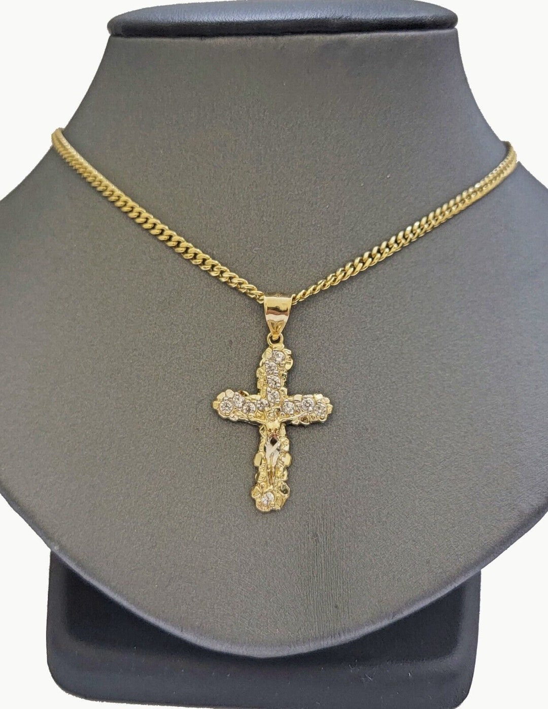 Real 10k Gold Jesus Cross Charm Chain Set Miami Cuban Link Necklace 2 ...