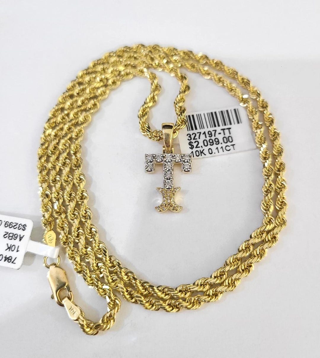 10k Gold Rope Chain T Diamond Alphabet Charm Necklace Set 2mm 18"-28 ...