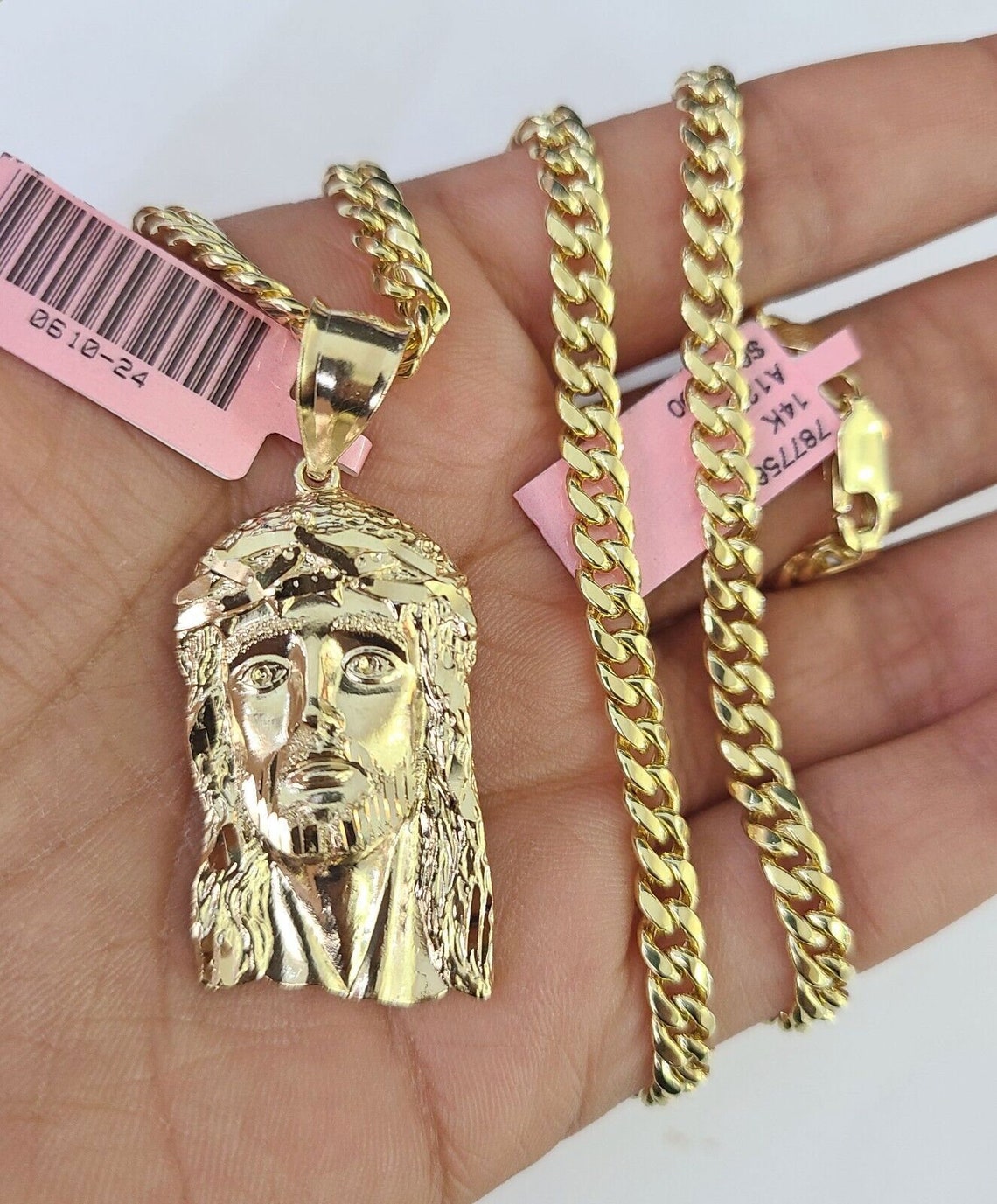 Real 14k Gold Chain Jesus Head Pendant Set 14kt Miami Cuban Link Chain ...