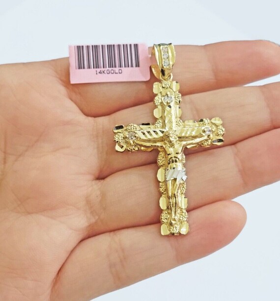 14k Yellow Gold Cross Nugget Pendant Jesus Crucifix 2 Inch 14kt Charm Men s Real Etsy