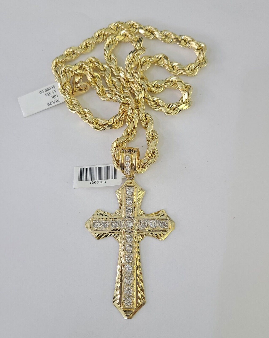 10k Yellow Gold Rope Chain Jesus Cross Charm Pendant 18-30'' Inch 7mm ...